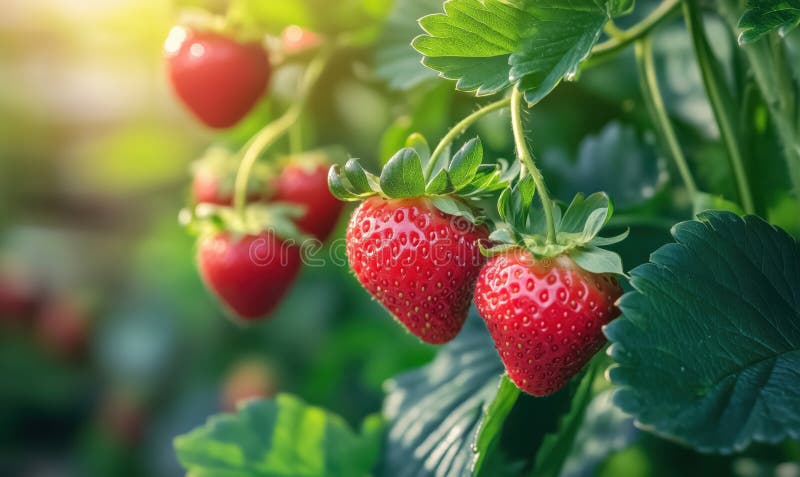 Fresh Ripe Strawberries Hanging on Green Plants in Sunlight Stock Photo ...