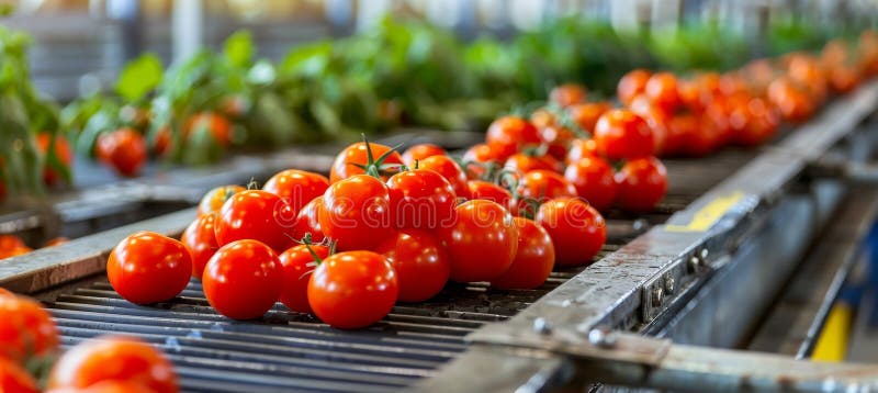 Fresh Ripe Tomatoes on Conveyor Belt Inside Food Processing Facility ...