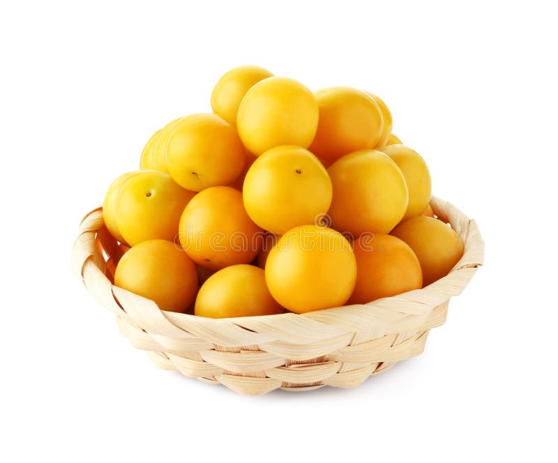 Fresh Ripe Yellow Plums in Wicker Basket Isolated on White Stock Image ...