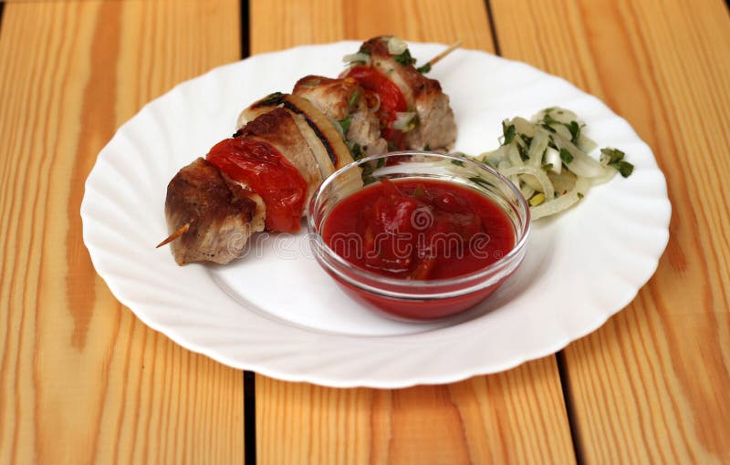 Fresh Roast Shish Kebab on White Platter Stock Photo - Image of kebab ...