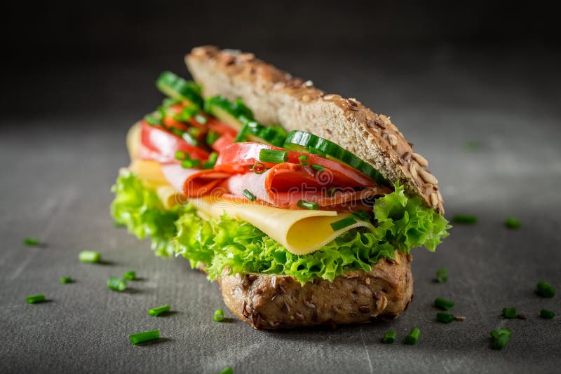Fresh Roll with Cheese, Ham and Cucumber for Breakfast Stock Photo ...