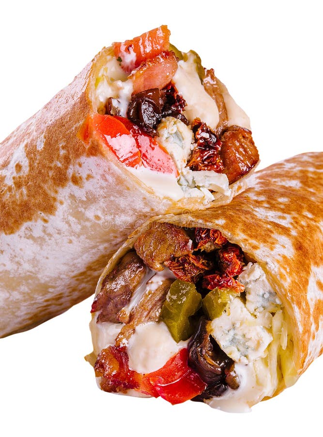 Fresh Roll of Thin Lavash or Pita Bread Filled with Grilled Meat Stock ...