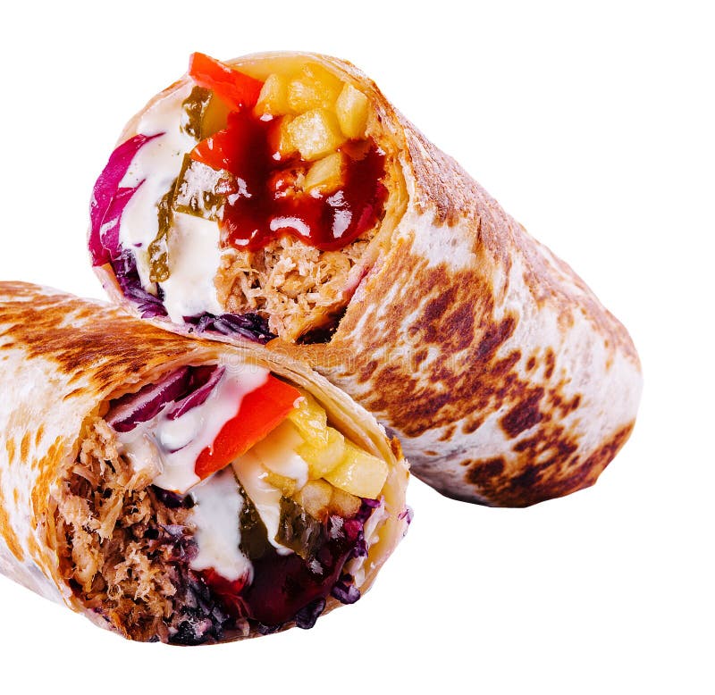 Fresh Roll of Thin Lavash or Pita Bread Filled with Grilled Meat Stock ...