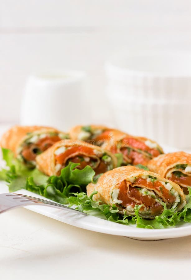 Fresh Rolls with Cheese, Red Fish and Salad Stock Image - Image of ...