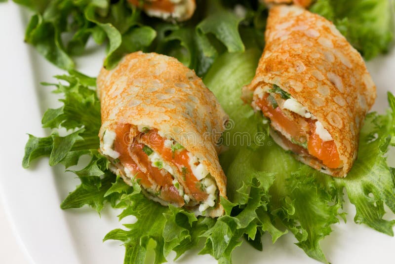 Fresh Rolls with Cheese, Red Fish and Salad Stock Image - Image of ...