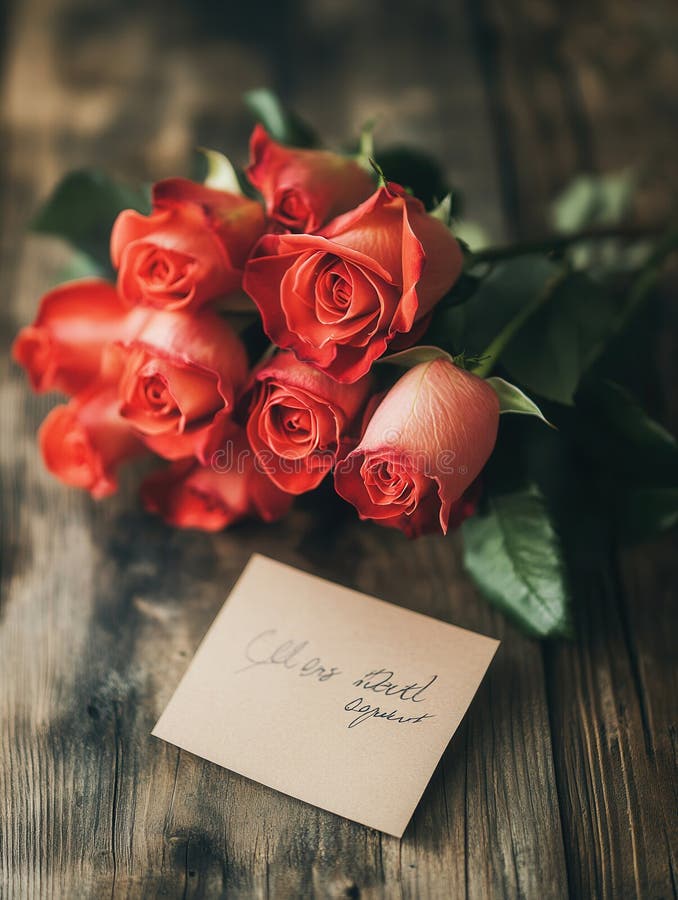 Fresh Roses are Arranged with a Handwritten Note, Elegantly Placed on a ...
