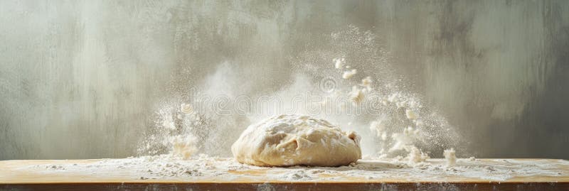 Fresh Dough Exploding with Flour on Wooden Table in Kitchen Stock Image ...