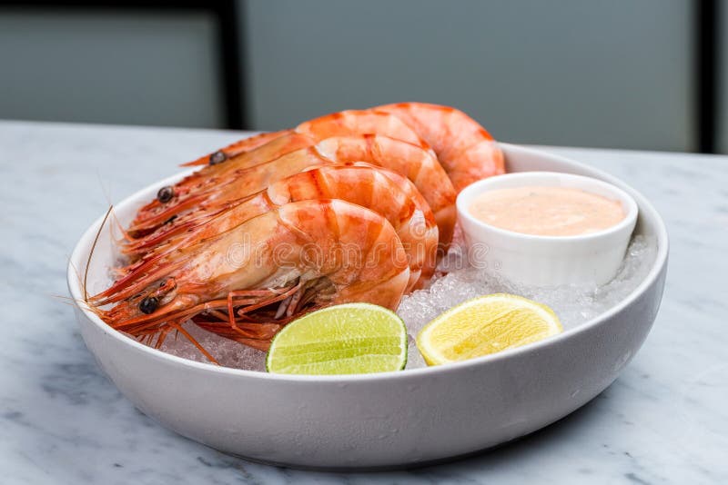 Fresh Royal Prawns with Lemon and Sauce Stock Image - Image of fried ...