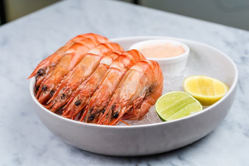 Fresh Royal Prawns with Lemon and Sauce Stock Photo - Image of farm ...