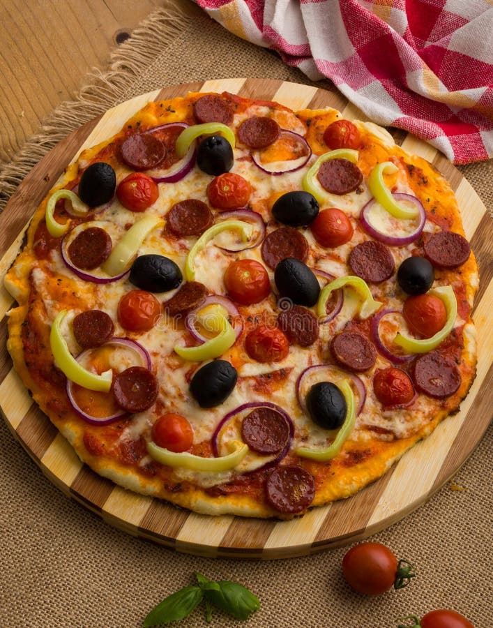 Fresh rustic pizza stock image. Image of sausage, sauce - 88831407