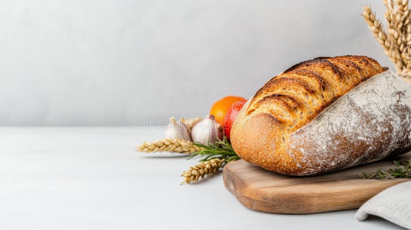 Farmhouse Kitchen Decor, Fresh Rustic Wheat Bread on a Wooden Board in ...