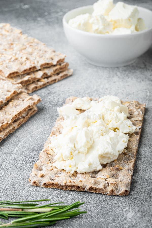 Fresh Rye Crispbreads with Different Topping, on Gray Stone Table ...