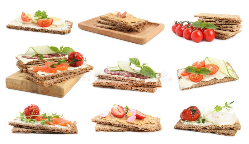 Fresh Rye Crispbreads with Different Toppings on White Background ...