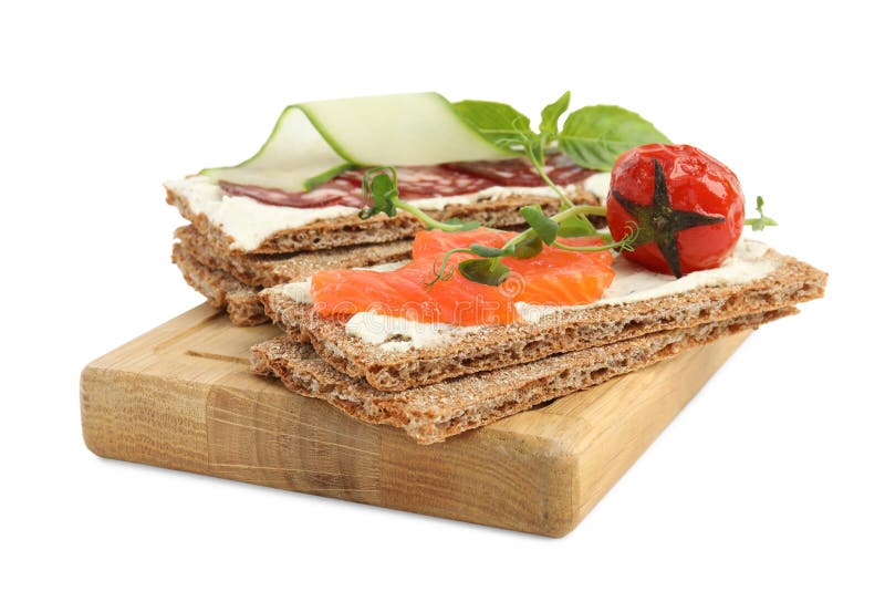 Fresh Rye Crispbreads with Different Toppings on White Background Stock ...