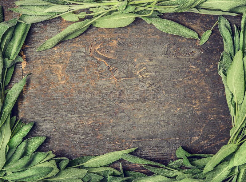 Fresh Sage Leaves on Rustic Wooden Background, Frame, Top View, Toned ...