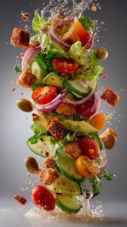 Fresh Salad Ingredients Exploding with Water Splash on Grey Background ...