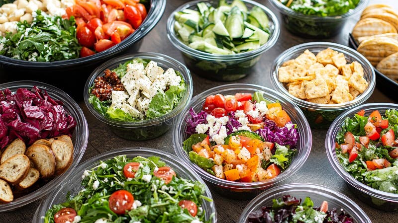 Fresh Salads and Snacks on Picnic Table. Stock Photo - Image of summer ...