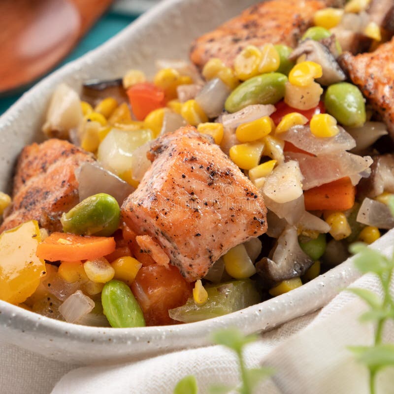 Fresh Salmon Cube with Stir-fried Mixed Vegetables Stock Image - Image ...