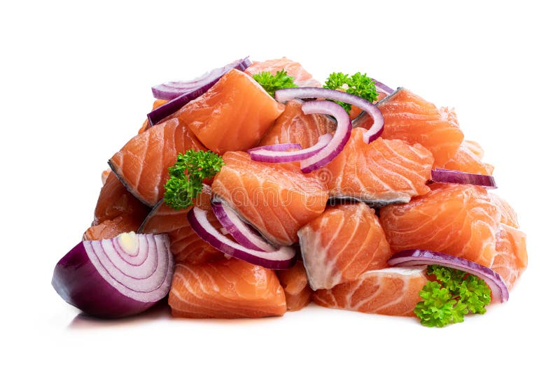 Fresh Salmon Fillet Cubes Isolated on White Stock Photo - Image of meal ...