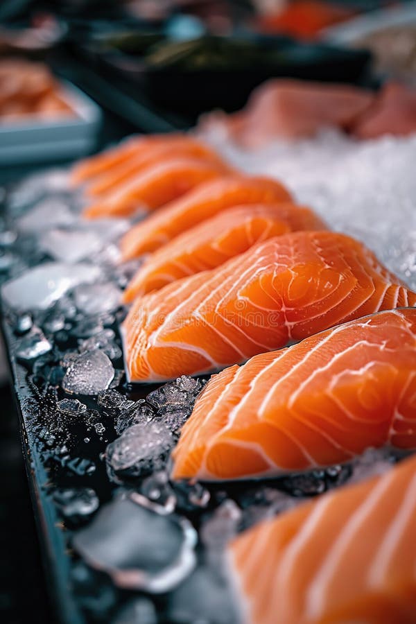 Fresh Salmon Fillet on Ice, Close Up Stock Illustration - Illustration of citrus, ingredient ...