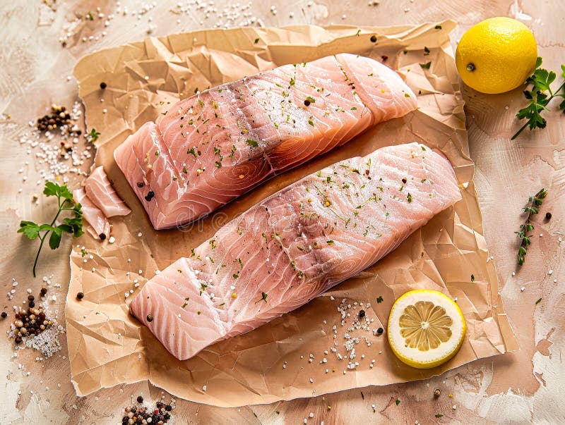 Fresh Salmon Fillet with Lemon and Herbs on Parchment Paper Stock Photo ...
