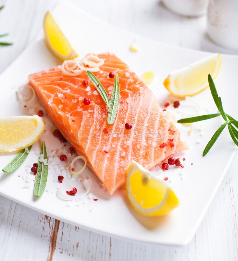Fresh Salmon Fillet with Spices and Herbs Stock Photo - Image of close ...