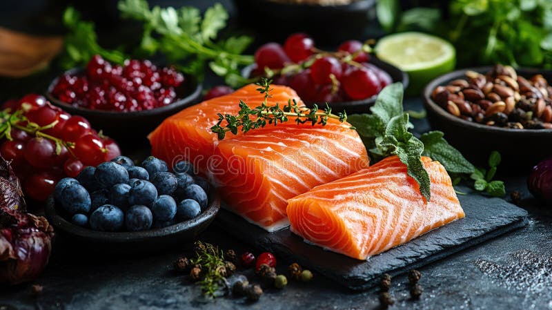 Fresh Salmon Fillets with Blueberries, Cranberries, Grapes, and Nuts on ...