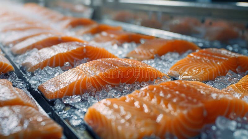 Fresh Salmon Fillets Chilling on Ice at Processing Facility. Generative ...