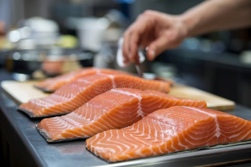 Fresh Salmon Fillets on Kitchen Counter, Preparing for Culinary Process ...