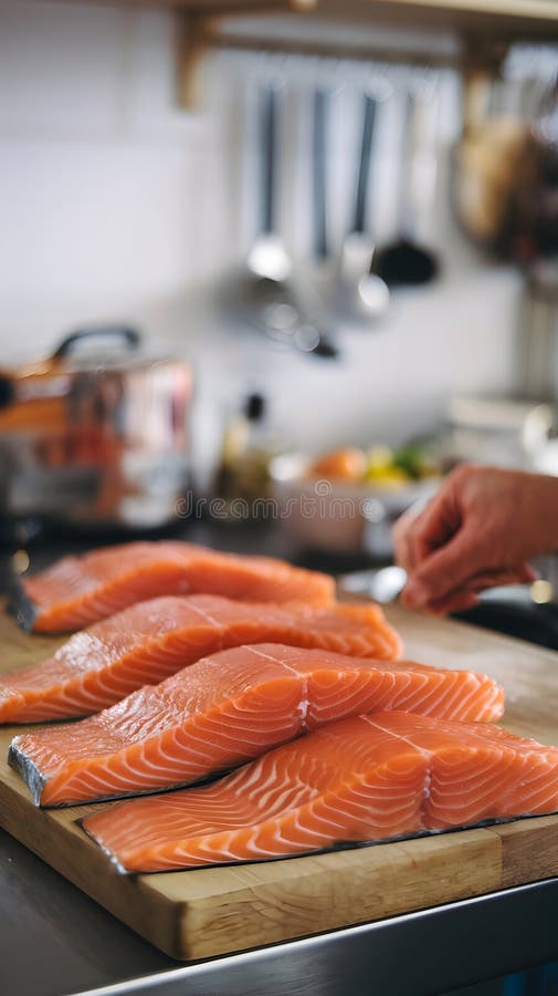 Fresh Salmon Fillets on Kitchen Counter, Preparing for Culinary Process ...