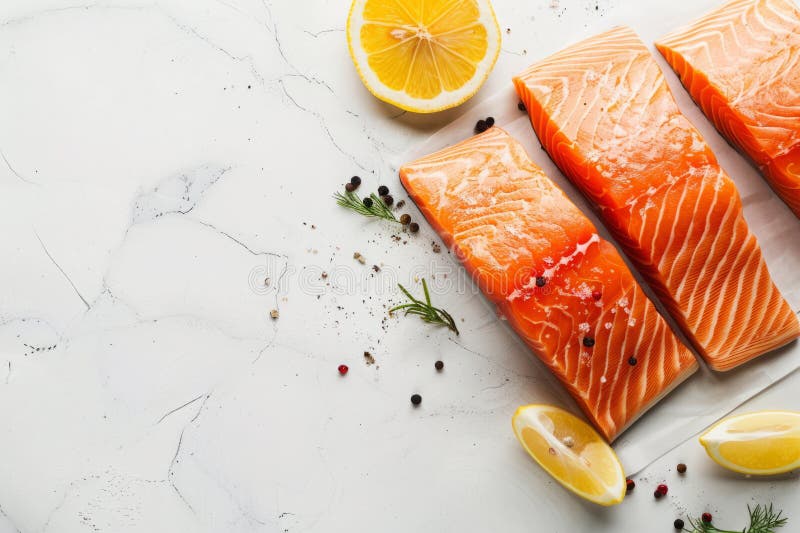 Fresh Salmon Fillets with Lemon and Spices on Marble Background Stock ...