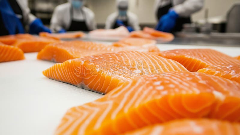 Fresh Salmon Fillets Being Processed by Food Industry Workers Stock ...