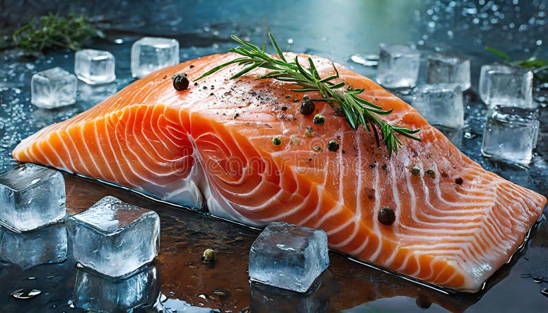 Fresh Salmon Fish and Ice Cubes on the Table Stock Illustration ...