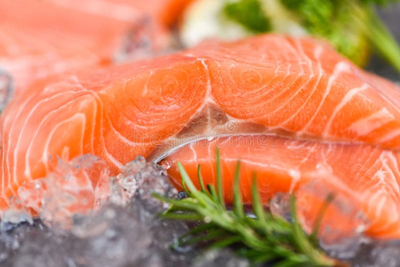 Fresh Salmon Fish on Ice, Raw Salmon Filet with Lemon Rosemary Herbs ...