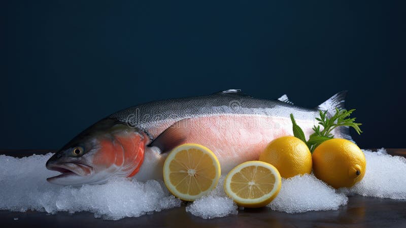 Fresh Salmon Fish with Lemon on Ice. Salmon Fish Stock Illustration ...
