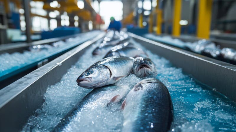 Fresh Salmon Fish Moving on Conveyor Belt in Factory Stock Illustration ...