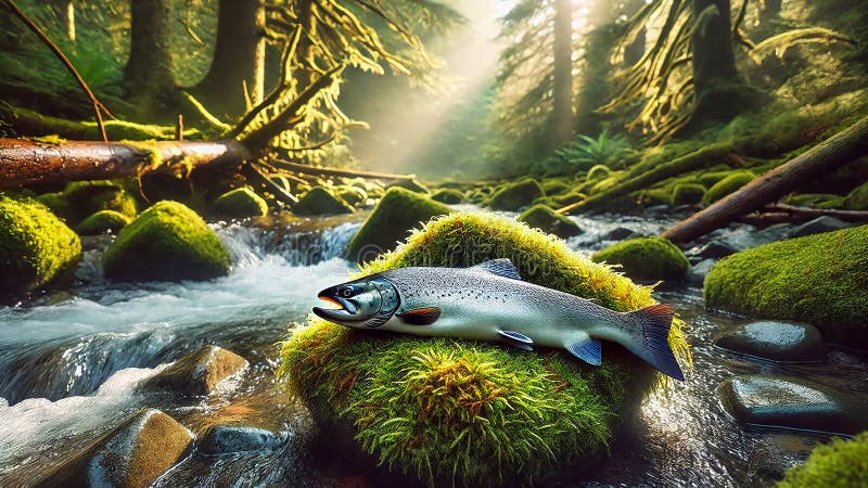 Fresh Salmon on a Moss-covered Rock in a Forest Stream Stock ...