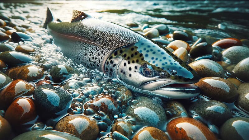 Fresh Salmon Resting on a Bed of Smooth River Pebbles Stock ...