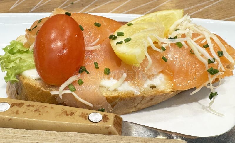 Fresh Salmon Sandwich with Tomato, Lemon, Lettuce, and Chives on Rustic ...