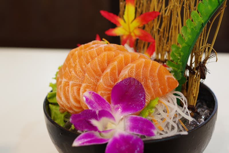 Salmon Sashimi with flower stock photo. Image of food - 113008126