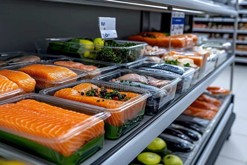 Fresh Salmon and Seafood Displayed in a Grocery Store Refrigerator ...