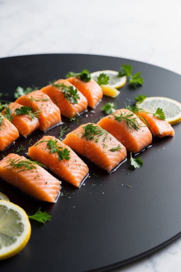 Fresh Salmon Slices with Herbal Garnish on Black Surface. Stock Image ...