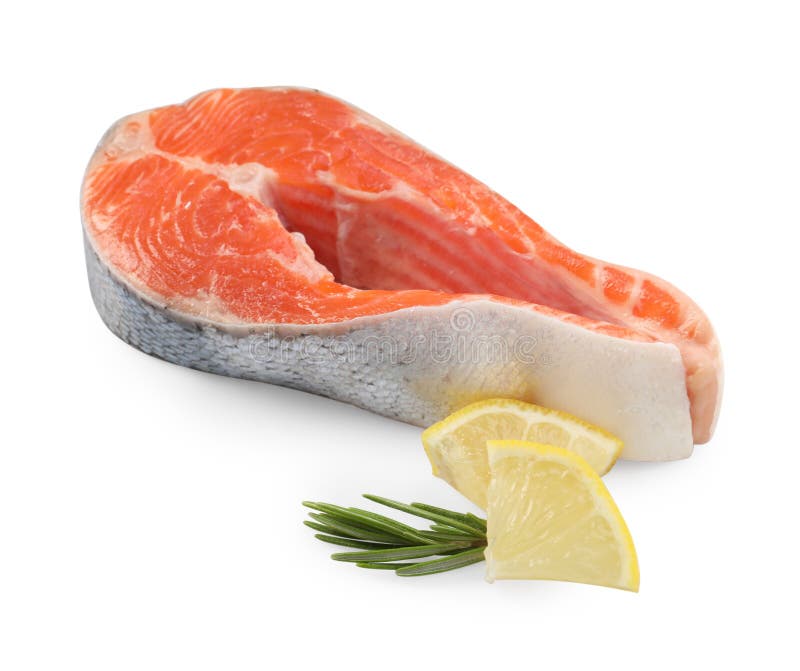 Fresh Salmon Steak, Lemon and Rosemary Isolated on White Stock Photo ...