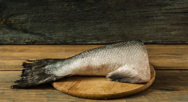 Fresh Salmon Tail on a Cutting Wood Kitchen Stock Photo - Image of meal ...