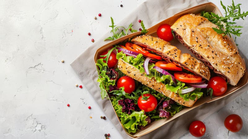 Fresh Sandwich and Veggies in Lunch Box on White Background, Top View ...