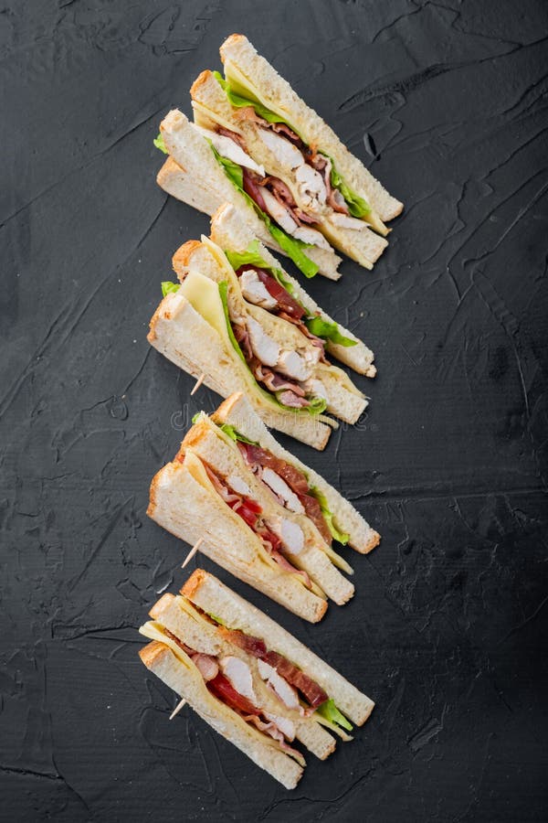 Fresh Sandwiches with Ingredients, on Black Background, Top View Stock ...