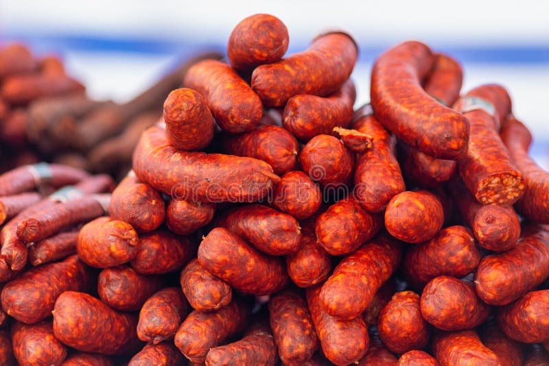 Fresh sausages on market stock photo. Image of grill - 167254190