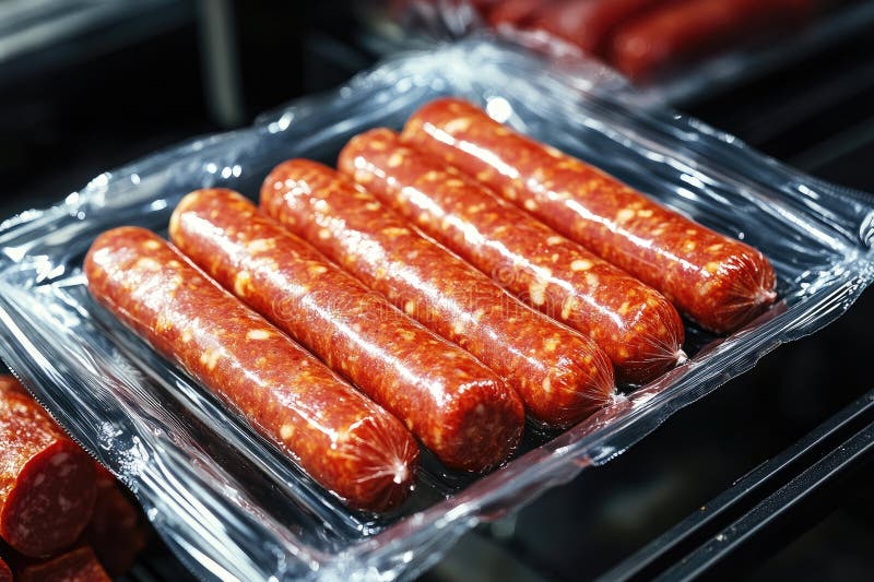Fresh Sausages are Wrapped in Plastic in a Display Case Stock ...