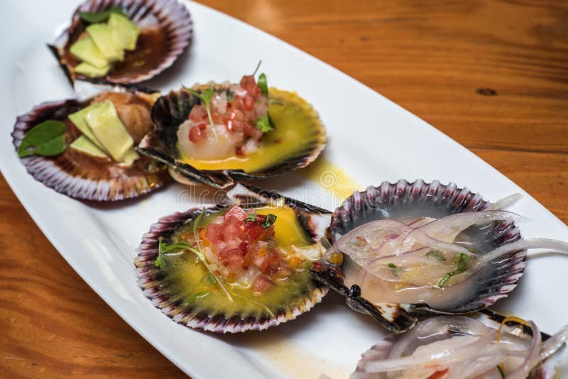 Fresh Scallops New Peruvian Cuisine Style Stock Image - Image of onion ...
