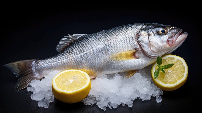 Fresh Sea Bass Fish with Lemon on Ice. Sea Bass Fish Stock Illustration ...